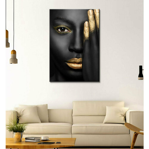 Картина на холсте для интерьера на стену - Черная женщина, золотой макияж, африканка, эстетика черного 60х80