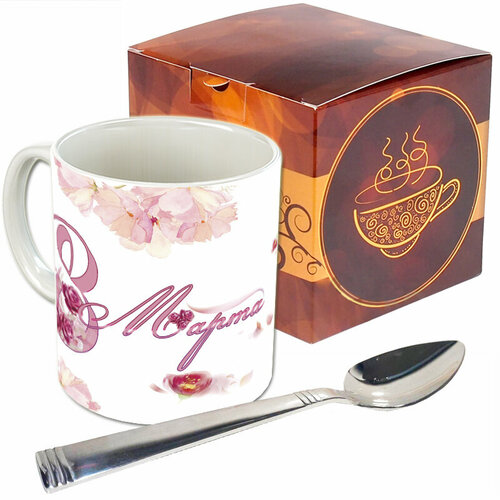Кружка с ложкой в подарочной коробке "С 8 Марта", классическая, для чая и кофе, керамика, 330 мл