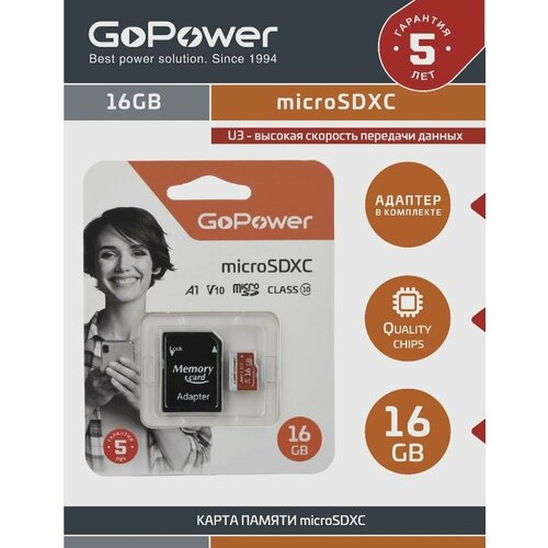 Карта памяти microSD GoPower 16GB Class10 60 МБ/сек V10 с адаптером