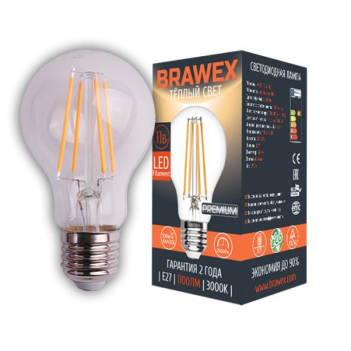 Упаковка светодиодных ламп Brawex LED Filament A60 11W 3000K A60F-E27-11L (5шт)