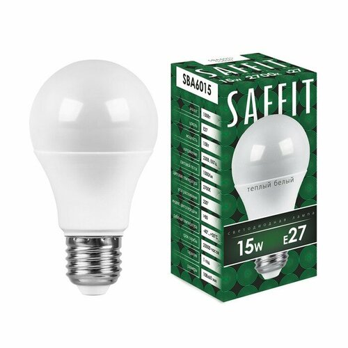 Лампа светодиодная SAFFIT SBA6015, A60, E27, 15 Вт, 230 В, 2700 К, 1500 Лм, 220°, 118х60 мм