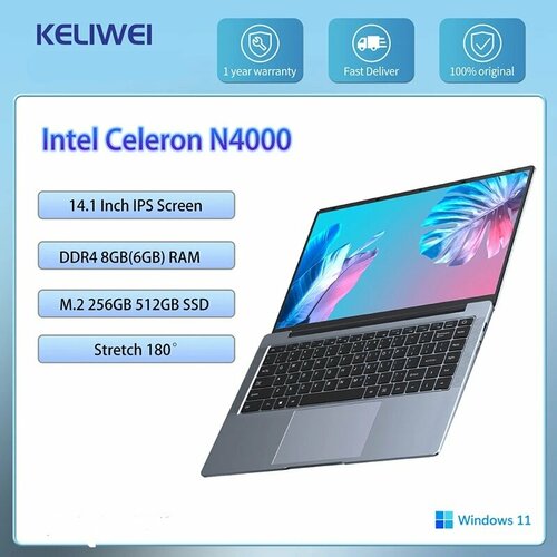 Ноутбук KELIWEI 14,1" FHD IPS дисплей, Intel Celeron N4000 (2,6 Ггц ), DDR4-8 ГБ, SSD 256 Гб, поворот на 180 °, Windows 11