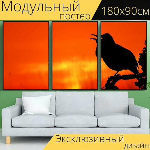 Модульный постер "Птица, восход солнца, силуэт" 180 x 90 см. для интерьера