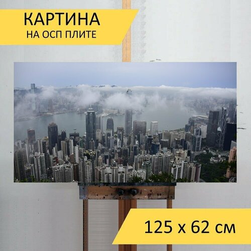Картина на ОСП 125х62 см. "Гонконг, облако, город" горизонтальная, для интерьера, с креплениями