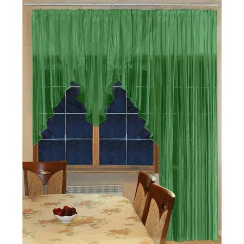 Тюль для окна с балконом на кухню и комнату на ленте ТРИО-1 цвет зеленый шир. 300 см выс. 250 см