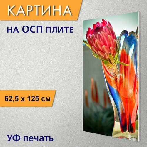 Вертикальная картина на ОСП "Протея, цветок, розовый" 62x125 см. для интерьериа