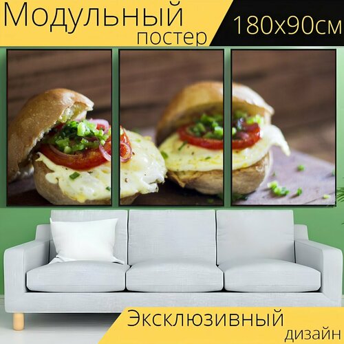 Модульный постер "Еда, яйца, завтрак" 180 x 90 см. для интерьера