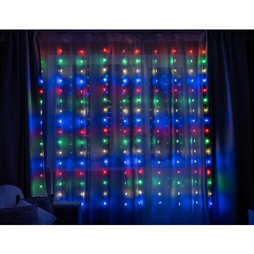 Светодиодная гирлянда на окно занавес - звезды, 3х2 м, 160 разноцветных LED-огней, прозрачный ПВХ, контроллер, коннектор, IP20, Serpantin 725-0035