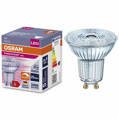 Лампочка светодиодная OSRAM Софит PAR16 GU10 3,7Вт 220В 230Лм 3000К Теплый белый Диммируемая, уп. 1шт