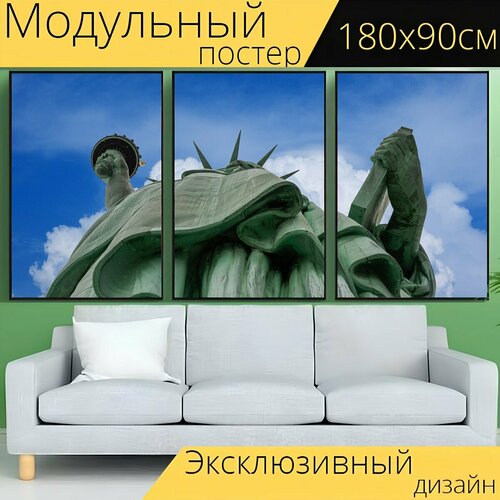 Модульный постер "Статуя свободы, облака, свобода просвещая мир" 180 x 90 см. для интерьера