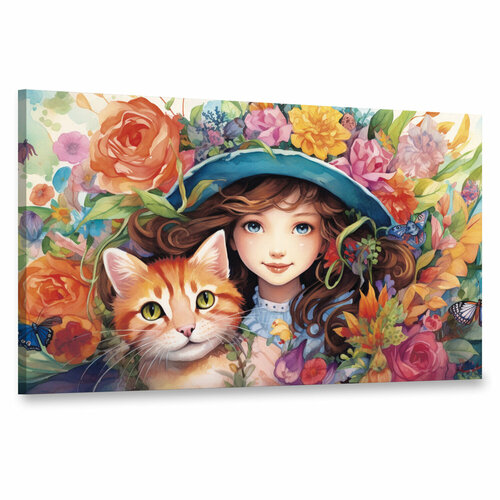 Интерьерная картина 100х60 "Девочка и кот"