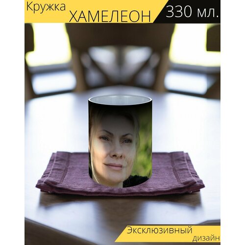 Кружка хамелеон с принтом "Лена московченко, портрет, модель" 330 мл.
