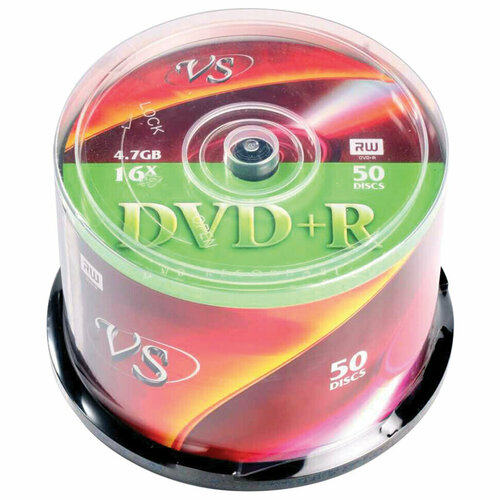 Диски DVD+R (плюс) VS 4,7 Gb 16x Cake Box (упаковка на шпиле), комплект 50 шт, VSDVDPRCB5001, 511549