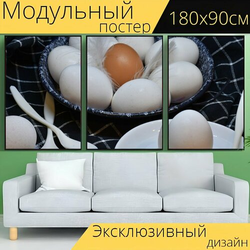 Модульный постер "Завтрак, яйцо, еда" 180 x 90 см. для интерьера