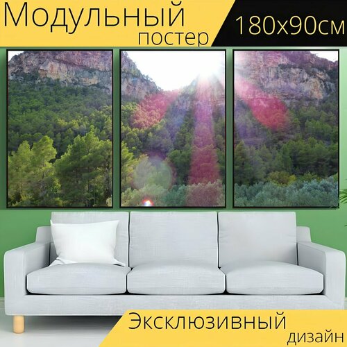 Модульный постер "Заход солнца, горы, лес" 180 x 90 см. для интерьера
