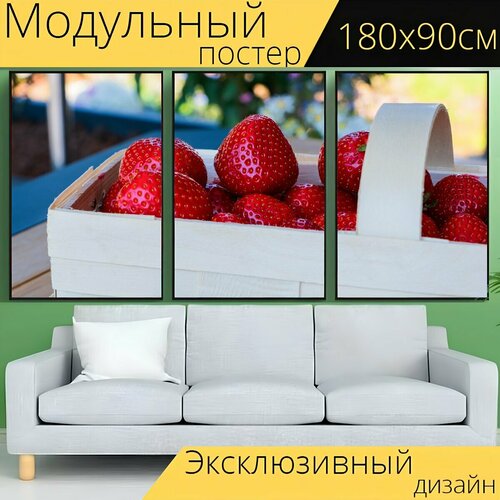 Модульный постер "Клубника, красный, фрукты" 180 x 90 см. для интерьера
