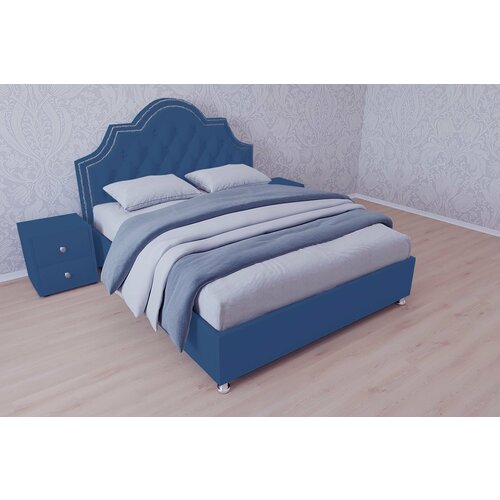 Двуспальная кровать Мирабель 140x200 с подъемным механизмом и с коробом для белья велюр синий без ножек