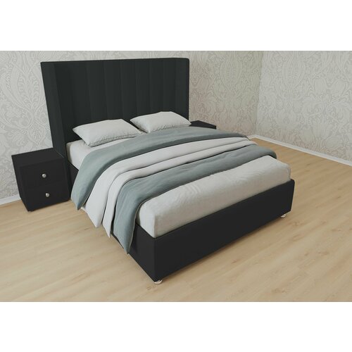 Двуспальная кровать Женева 180x200 основание металлическое с ламелями велюр черный ножки 13 см хром