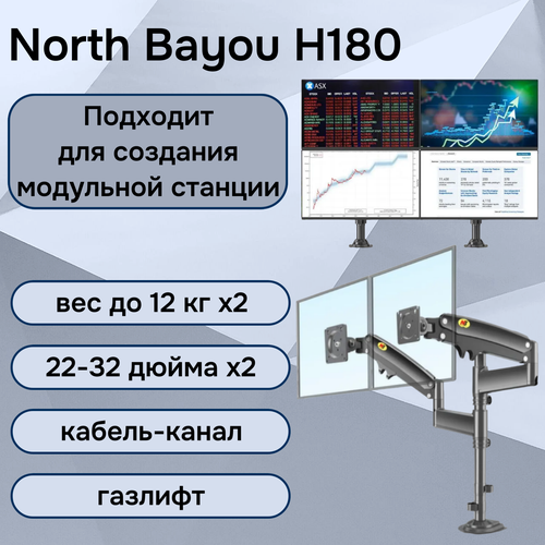 Двойной настольный кронштейн NB North Bayou H180 для мониторов 22-32" до 12 кг, черный