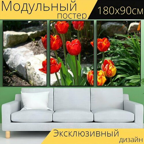 Модульный постер "Тюльпаны, цветы, оранжевые тюльпаны" 180 x 90 см. для интерьера
