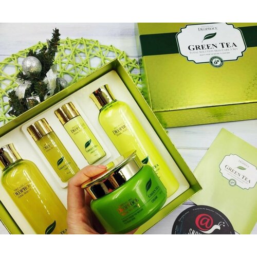 Корейский набор для лица уходовый с экстрактом зеленого чая Deoproce Premium GreenTea 3 set, 5 шт. Набор успокаивающих средств для лица с с экстрактом зеленого чая
