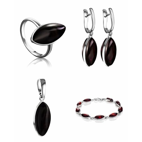 Комплект бижутерии: браслет, подвеска, серьги, кольцо, янтарь, размер кольца: безразмерное, бордовый
