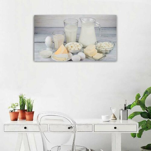 Картина на холсте 60x110 LinxOne "Сыр яйца и молоко на" интерьерная для дома / на стену / на кухню / с подрамником