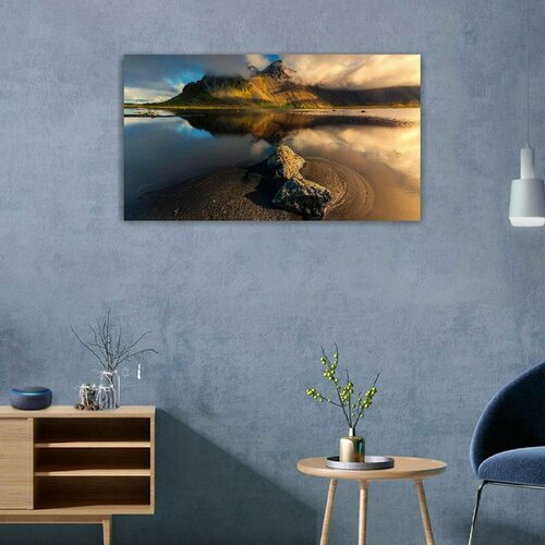 Картина на холсте 60x110 LinxOne "Гора река Исландия природа" интерьерная для дома / на стену / на кухню / с подрамником