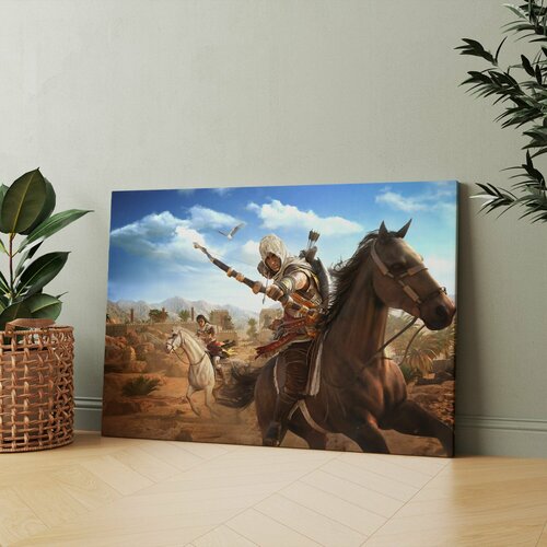 Картина на холсте "Мужчина верхом на коричневой лошади рядом с белой лошадью" 60x80 см. Интерьерная, на стену.