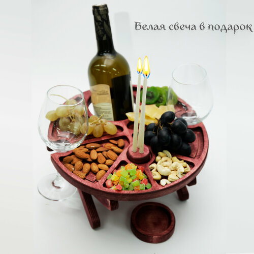 Винный столик деревянный "Каберне" на 2 бокала с белой свечкой