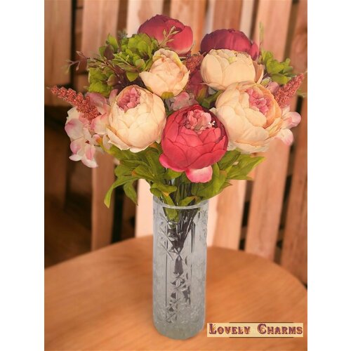 Пионы большой букет, 2 куста, 26 веток, искусственные цветы для декора интерьера, 55 см, малина&шампань