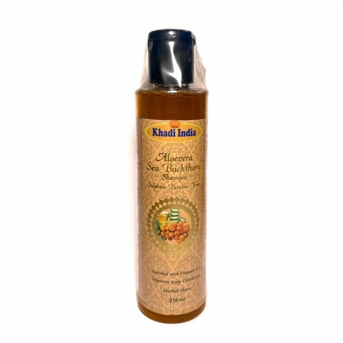 ALOE VERA SEA BUCKTHORN Shampoo, Khadi India (алоэ (алое) вера И облепиха шампунь для волос, без сульфатов И парабенов, Кхади Индия), 210 мл.