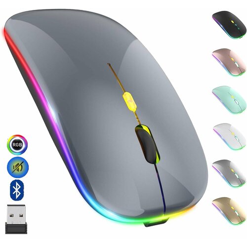 Беспроводная компьютерная мышь со встроенным аккумулятором и подсветкой RGB, Bluetooth, WiFi 2.4 гц, 3 регулируемых уровня DPI, серый