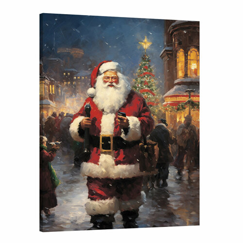 Интерьерная картина 50х70 "Зимний вечер с Дедом Морозом и снегурочкой"