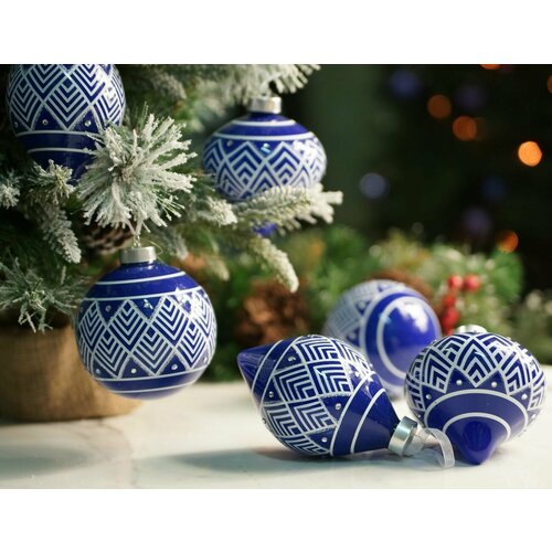 Набор стеклянных елочных шаров зимняя геометрия, синий, 10 см (упаковка 6 шт.), EDG 684565-80-набор