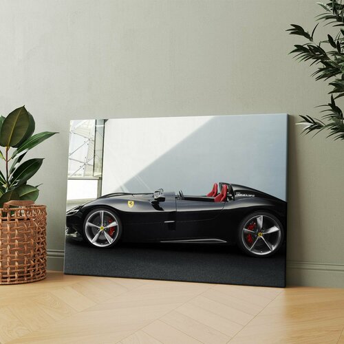 Картина на холсте (Черный автомобиль Феррари, припаркованный перед зданием) 50x70 см. Интерьерная, на стену.