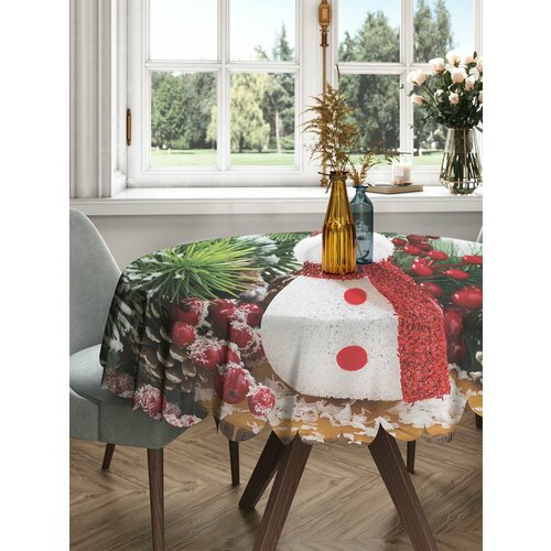 Скатерть круглая тканевая на стол JoyArty с рисунком "Лесной снеговик" 150 на 150 см
