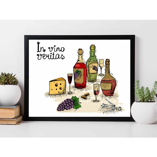 Постер "Правда в Вине" Винтажный стиль для кухни, размер A2 / Ретро плакат "in vino veritas" для интерьера гостиной
