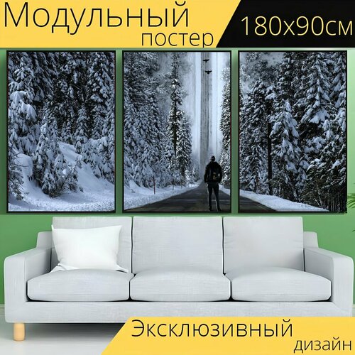 Модульный постер "Лес, дороги, снег" 180 x 90 см. для интерьера