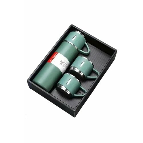 Термос вакуумный с тремя кружками / Подарочный набор термос и 3 кружки / Объем 500 мл/ цвет зеленый