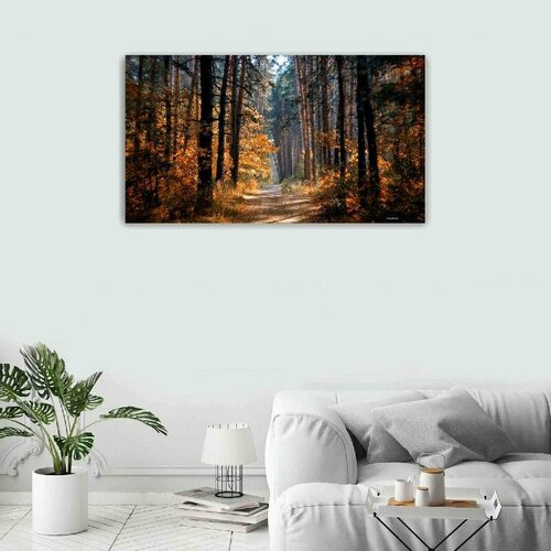 Картина на холсте 60x110 LinxOne "Осень свет краски тропа лес" интерьерная для дома / на стену / на кухню / с подрамником