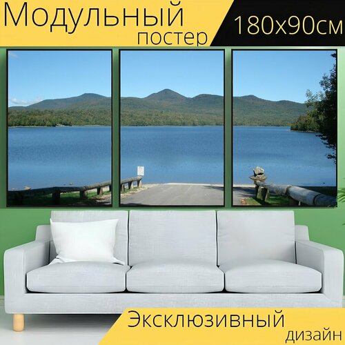Модульный постер "Лодочная пристань, озеро, вода" 180 x 90 см. для интерьера