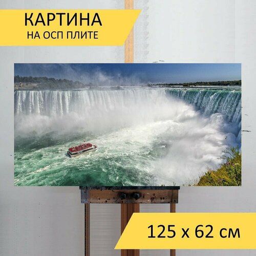 Картина на ОСП 125х62 см. "Водопад, лодка, ниагарский водопад" горизонтальная, для интерьера, с креплениями