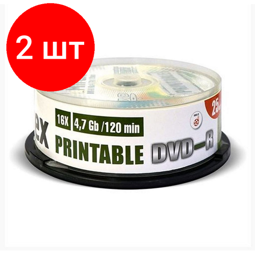 Комплект 2 упаковок, Носители информации DVD-R Printable, 16x, Mirex, Cake/25, UL130028A1M