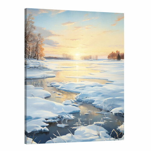 Интерьерная картина 50х70 "Пейзаж с замерзшим озером и снежными сугробами"