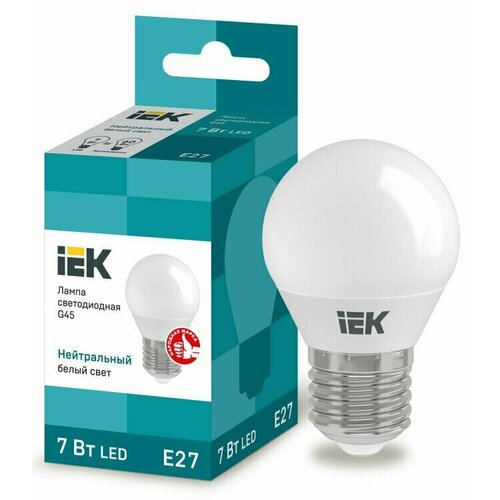 Лампочка Светодиодная IEK Шар 7Вт 230В E27 G45 630Лм 4000К LLE-G45-7-230-40-E27, упаковка 10шт.