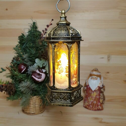 Новогодний фонарик-свеча с подсветкой | Игрушка-светильник на елку "Любимые герои", 14х6 см, цвет бронза