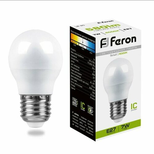 Лампа светодиодная FERON LB-95, G45, E27, 7 Вт, 230 В, 4000 К, 580 Лм, 220°, 82 х 45 мм 4245747