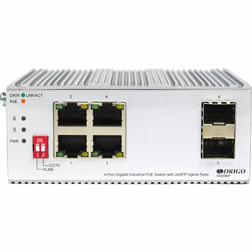 Origo Коммутатор Unmanaged Industrial Switch 4x1000Base-T PoE, 2x1000Base-X SFP, PoE Budget 120W, Surge 4KV, -40 to 75°C