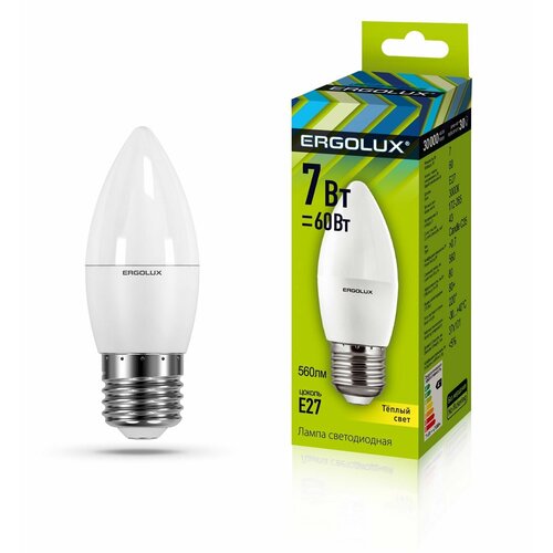 Лампа Ergolux LED-C35- 7W-E27-3000K Свеча 172-265В